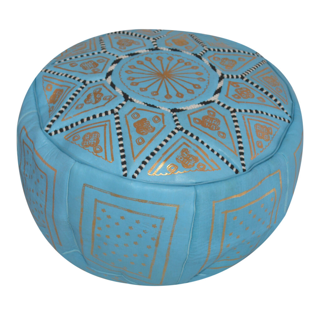 Light blue Leather Moroccan Handmade Poof - Treasure of Morocco