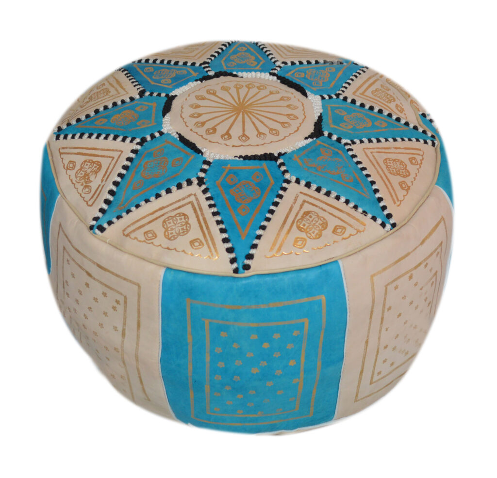 Beige Turquoise Leather Moroccan Handmade Pouf - Treasure of Morocco