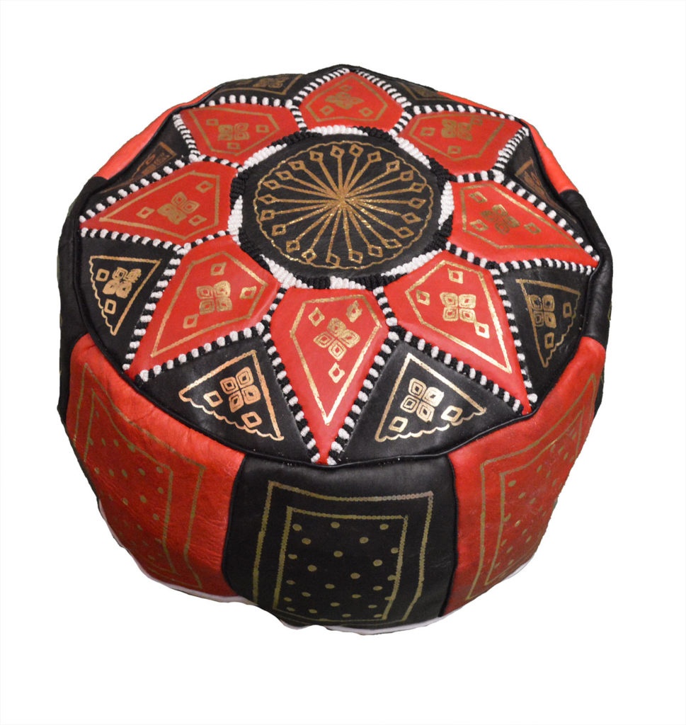 Black Red Leather Moroccan Handmade Pouf - Treasure of Morocco