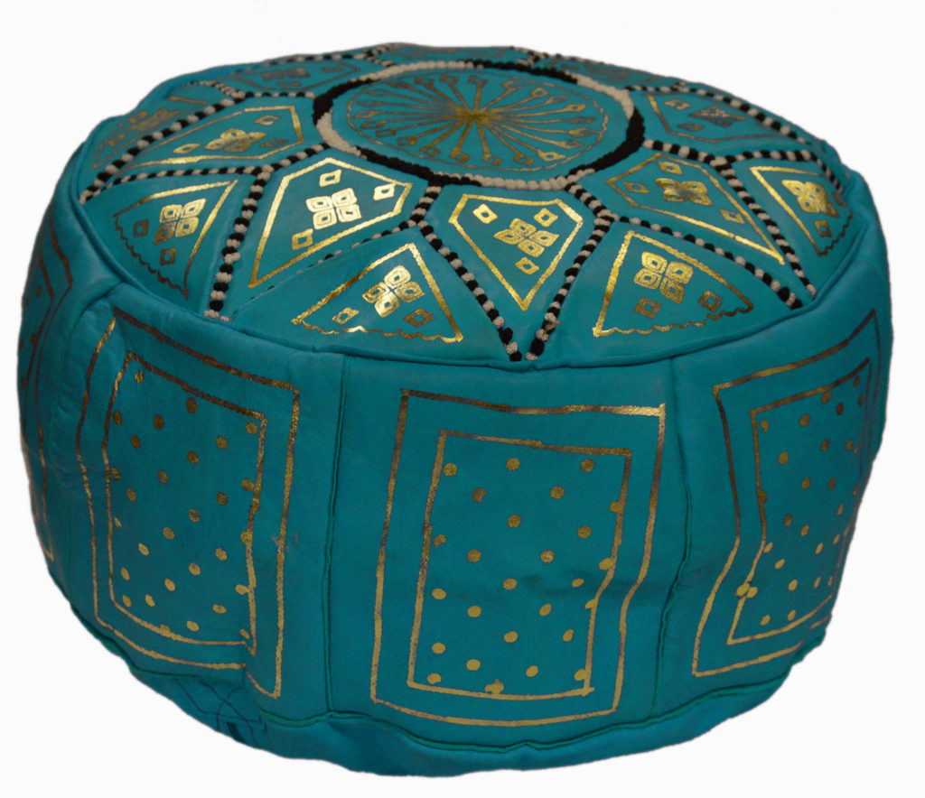 Beige Blue Leather Moroccan Handmade Poof - Treasure of Morocco