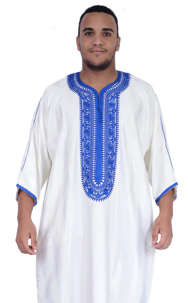 Fancy White Moroccan Jamal Kaftan with Blue Handmade Embroidery ...