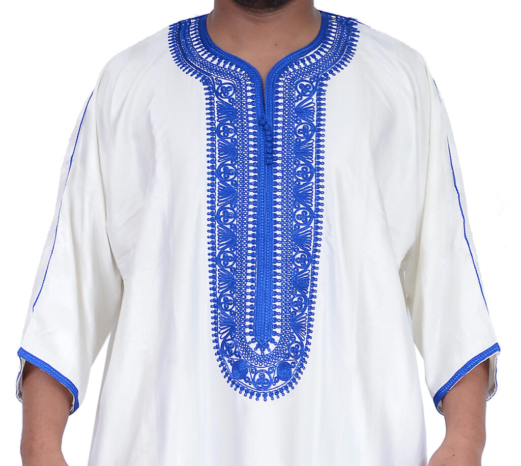 Fancy White Moroccan Jamal Kaftan with Blue Handmade Embroidery ...