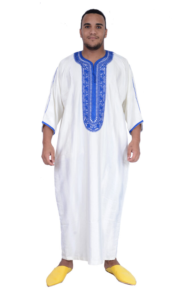 Fancy White Moroccan Jamal Kaftan with Blue Handmade Embroidery ...