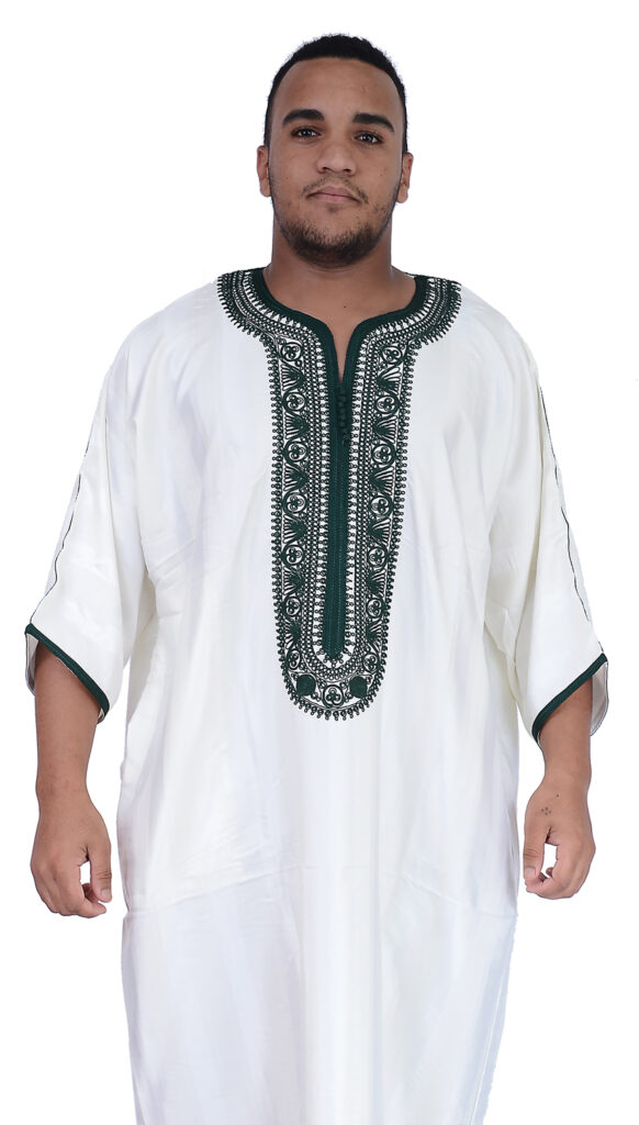 Fancy White Moroccan Jamal Kaftan with Green Handmade Embroidery ...