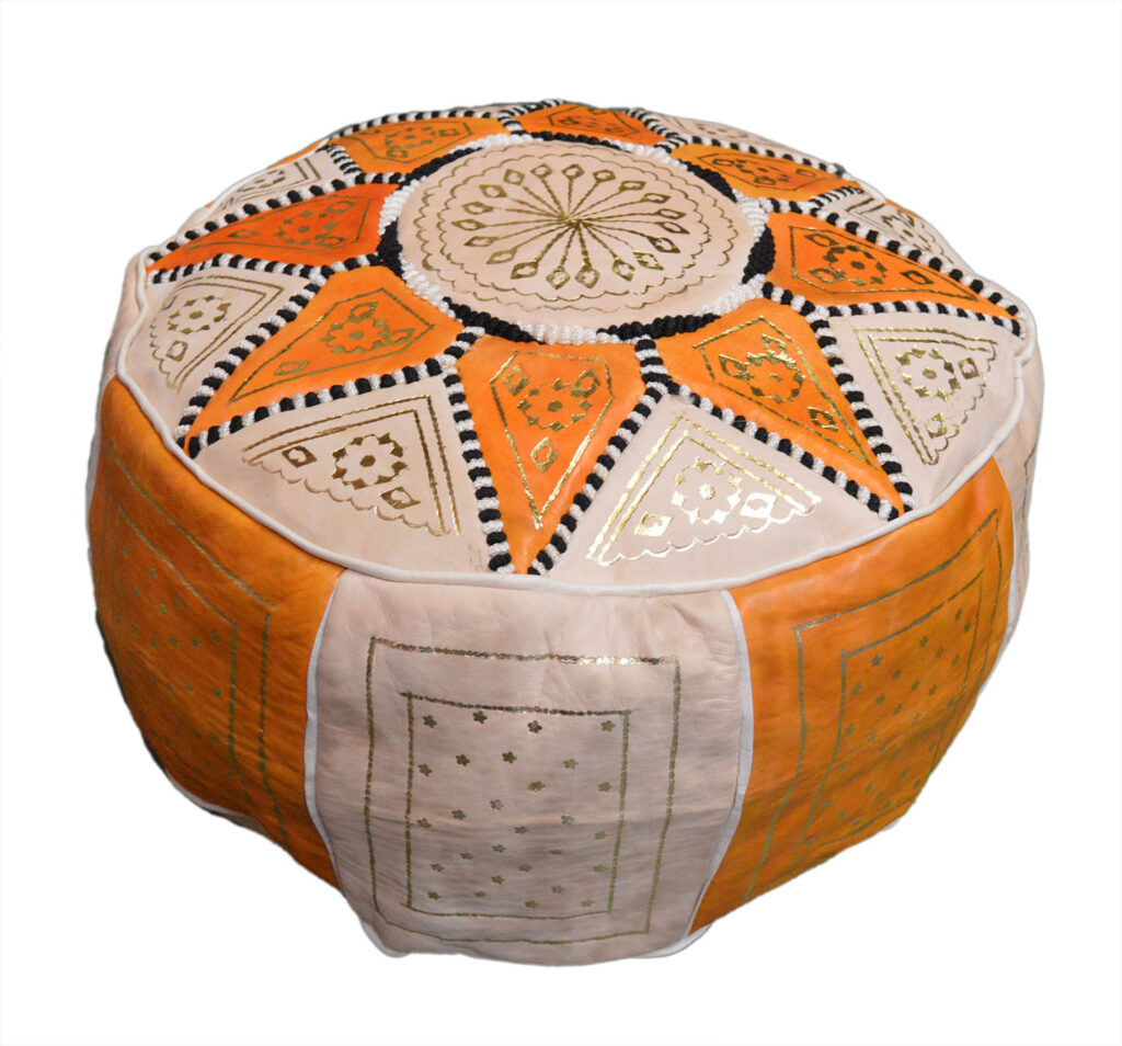 Beige Orange Leather Moroccan Handmade Poof - Treasure of Morocco