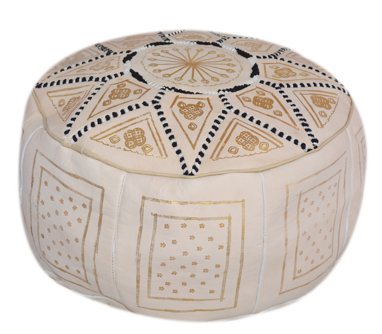 Beige Leather Moroccan Handmade Poof - Treasure of Morocco