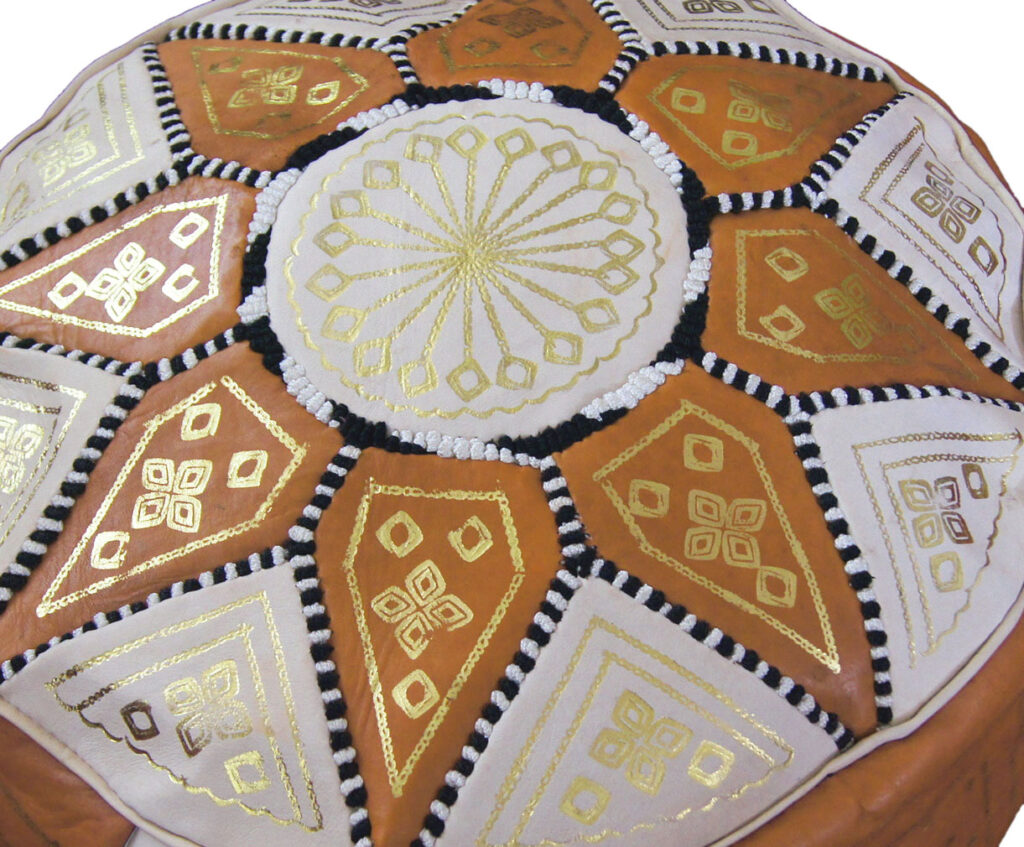 Beige Brown Leather Moroccan Handmade Poof - Treasure of Morocco
