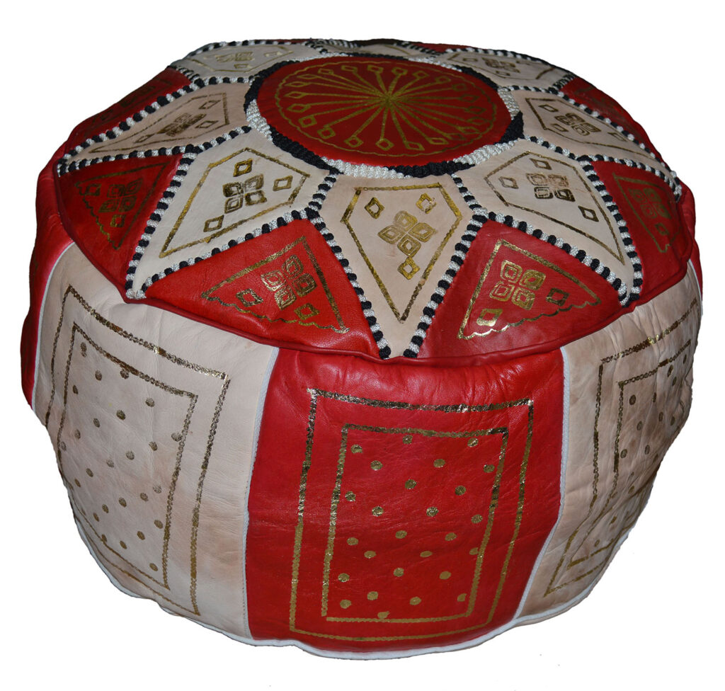 Beige Red Leather Moroccan Handmade Poof - Treasure of Morocco