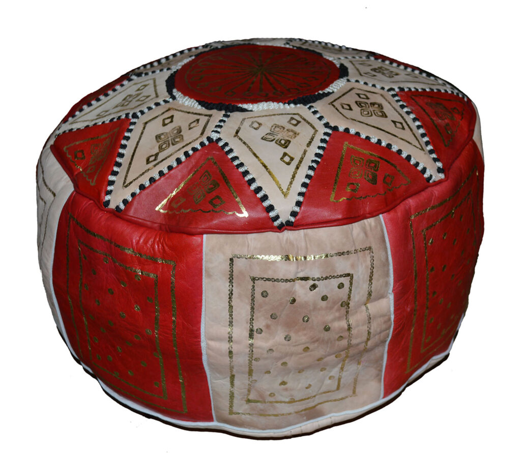 Beige Red Leather Moroccan Handmade Poof - Treasure of Morocco